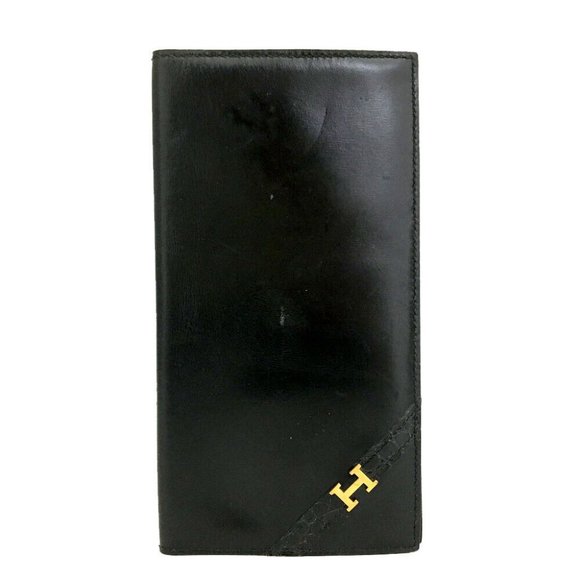 Hermes | Bags | Hermes H Logo Black Leather Long Bifold Wallet D350 ...